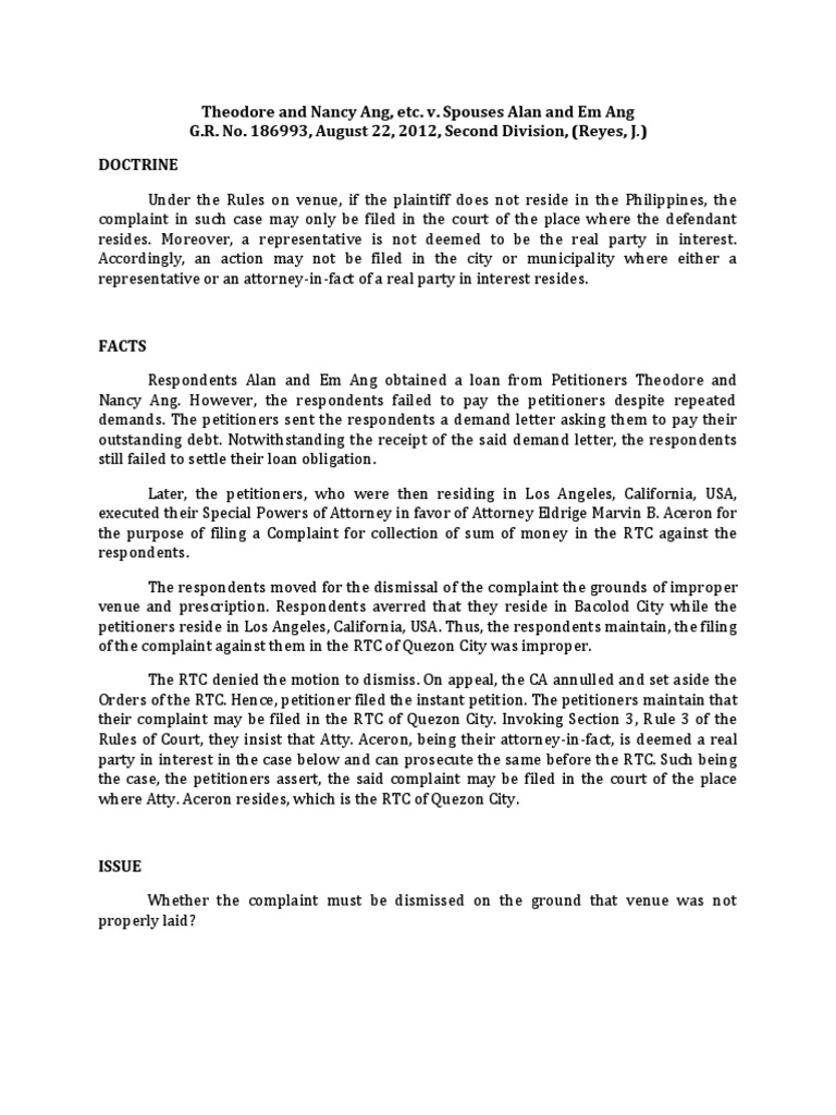 Theodore and Nancy Ang, Etc. v. Spouses Alan and em Ang, G.R. No ...