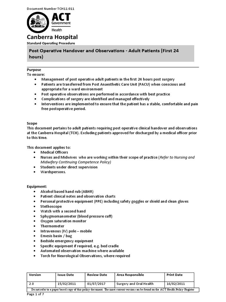 Canberra Hospital: Post Operative Handover and Observations - Adult ...