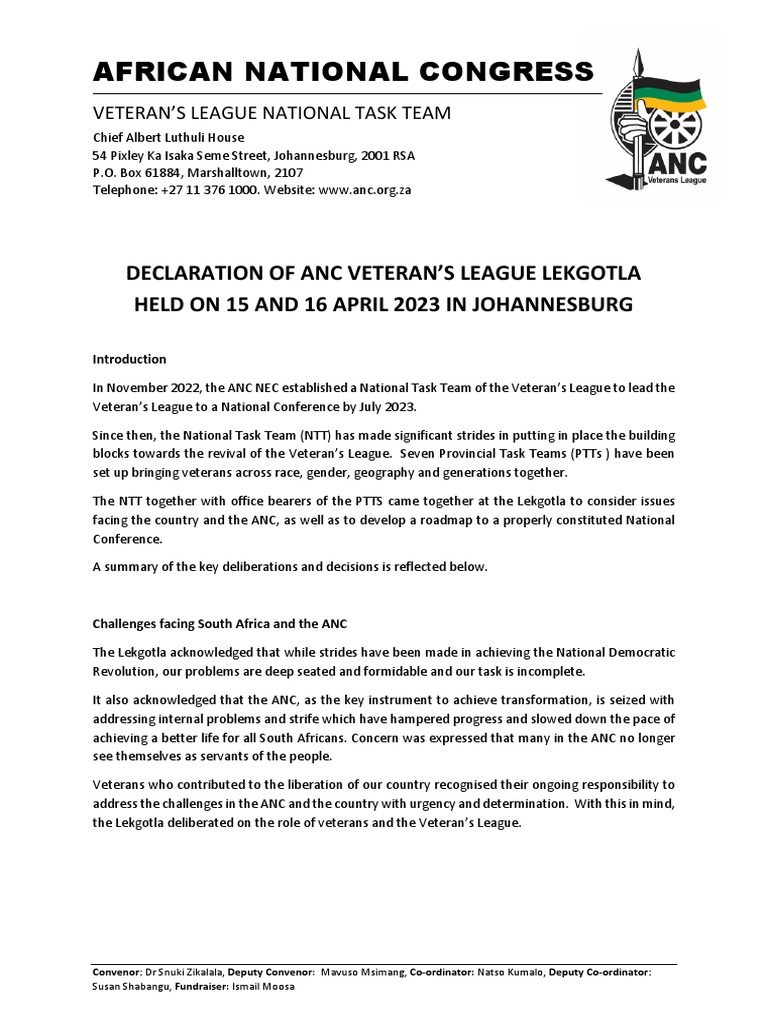 ANCVL Declaration Following Its Two Day Lekgotla | PDF | African ... ANCVL Declaration Following Its Two Day Lekgotla | PDF | African ...