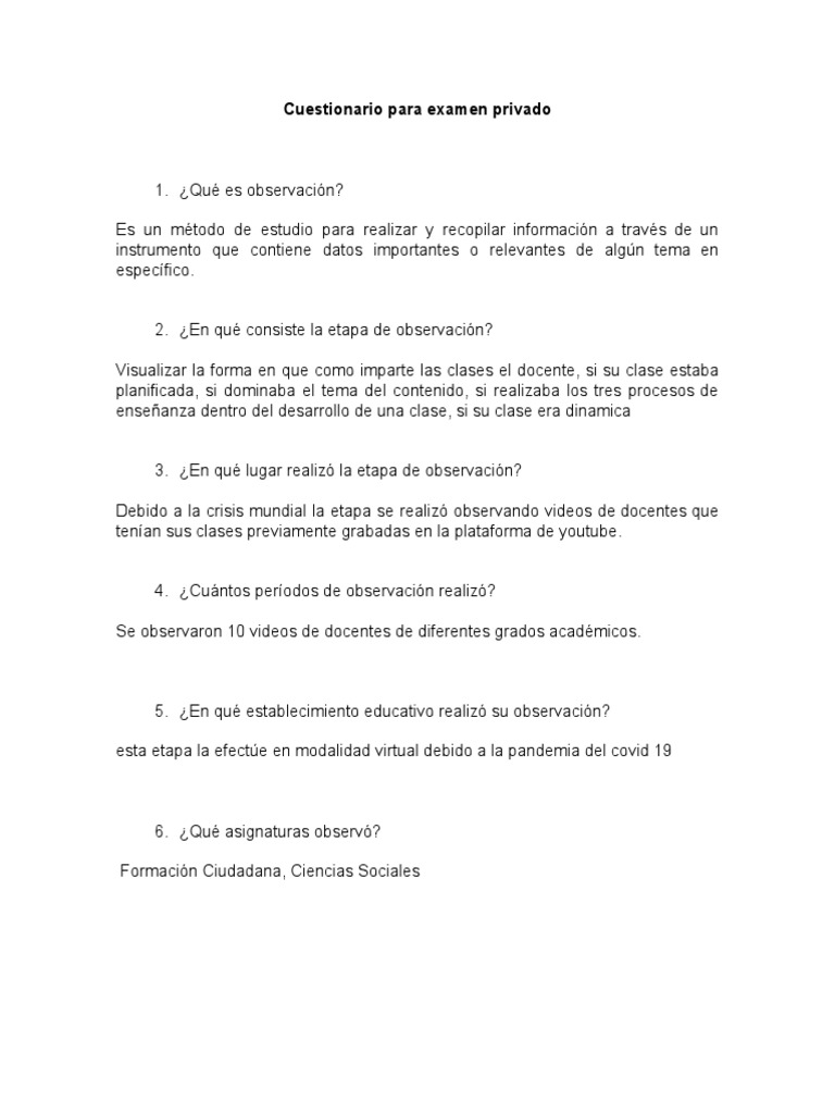 Cuestionario para Examen Privado | PDF | Evaluación | Aprendizaje