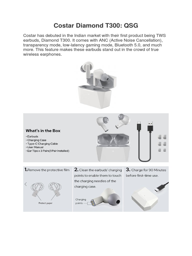Costar Diamond T300 QSG | PDF | Headphones | Bluetooth