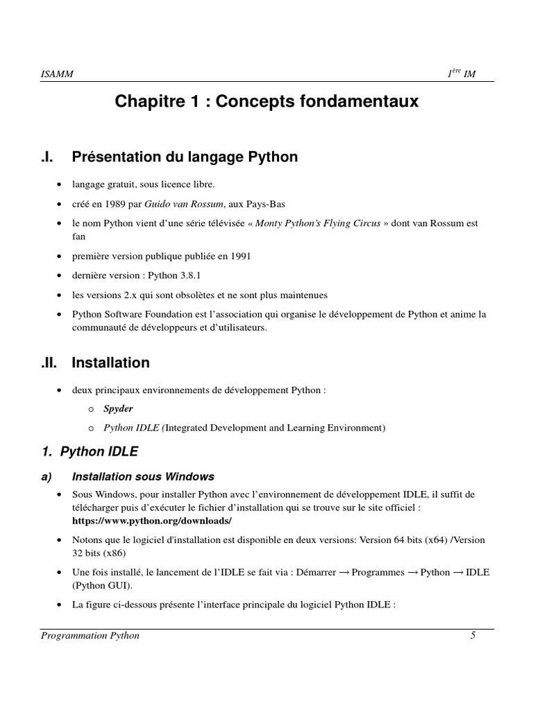 Chapitre 1 Concepts Fondamentaux | PDF | Python (Langage de programmation) | Langage de ...
