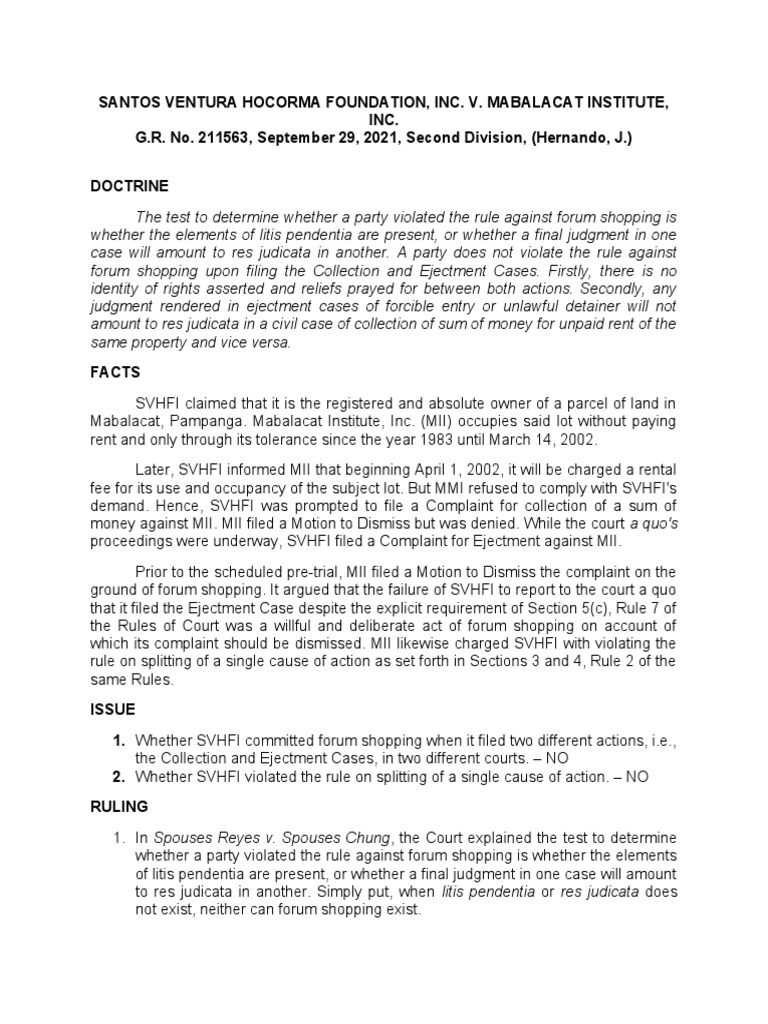 Santos Ventura Hocorma Foundation, Inc. v. Mabalacat Institute, Inc. | PDF | Lawsuit | Res Judicata