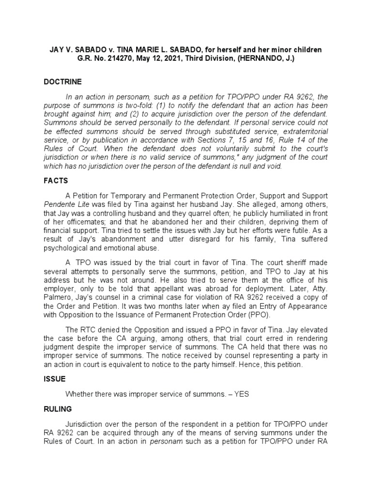 JAY V. SABADO v. TINA MARIE L. SABADO, For Herself and Her Minor ...