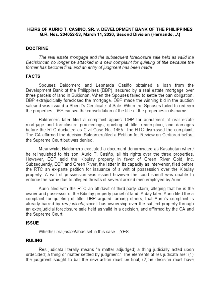 HEIRS OF AURIO T. CASIÑO, SR. v. DEVELOPMENT BANK OF THE PHILIPPINES | PDF | Lawsuit | Foreclosure