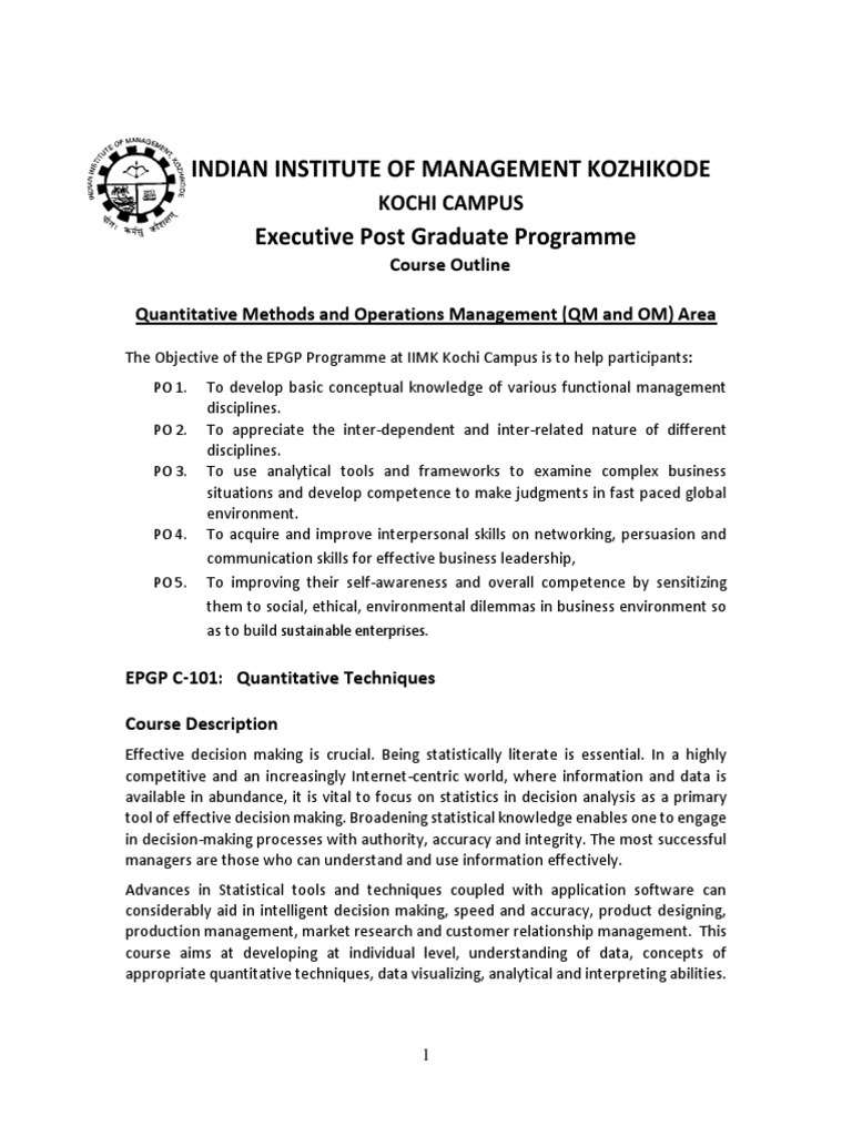 Quantitative Techniques Course Outline | PDF | Probability Distribution ...