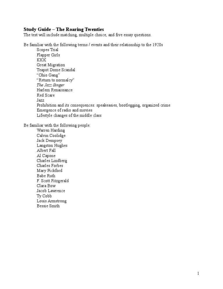 Roaring Twenties Study Guide | PDF | History | General Fiction