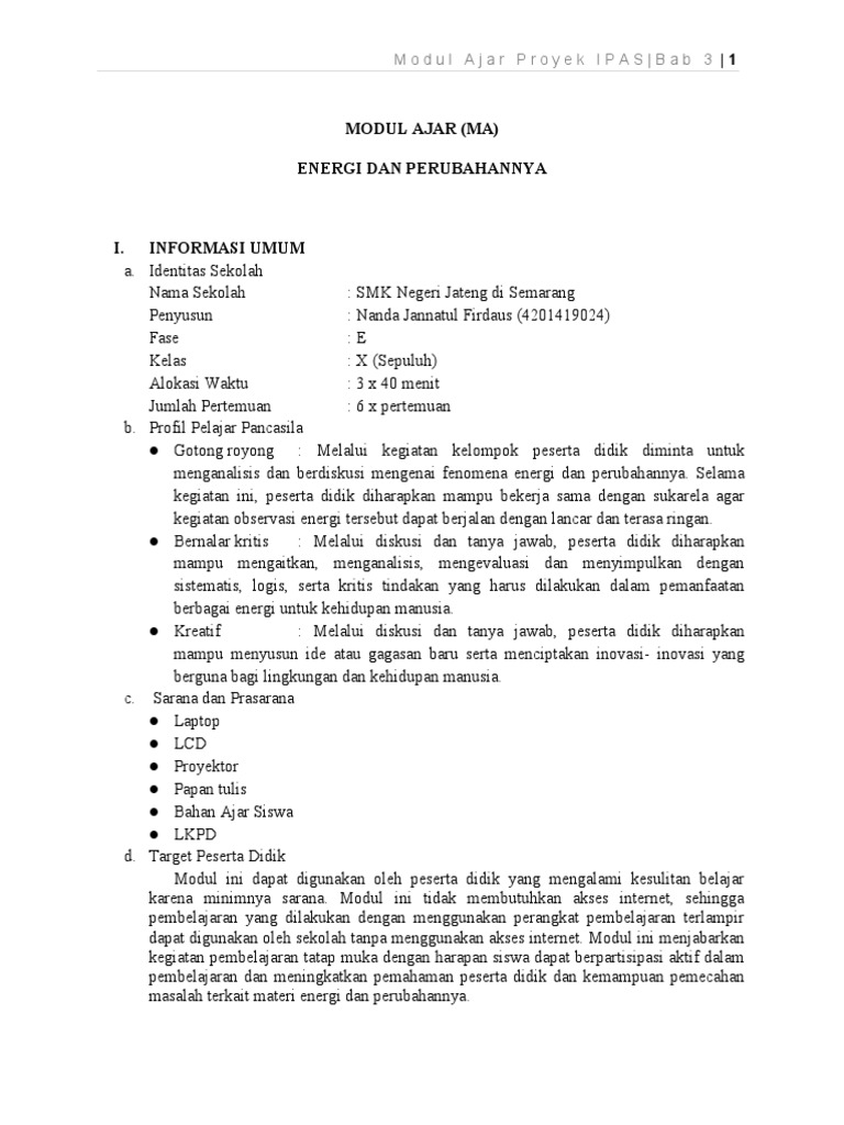 Modul Ajar Energi Dan Perubahannya Kelas 3 Sd Ipas Kelas 4 Kurikulum