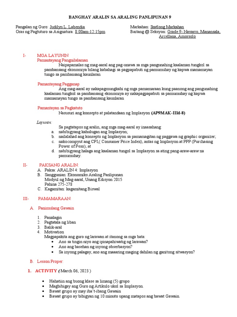 I-Mga Layunin Pamantayang Pangnilalaman: Banghay Aralin Sa Araling Panlipunan 9 | PDF