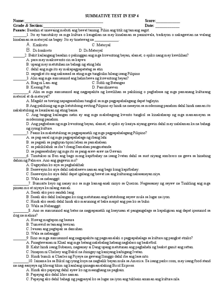 Summative Test in Esp 4 Quarter 3 | PDF