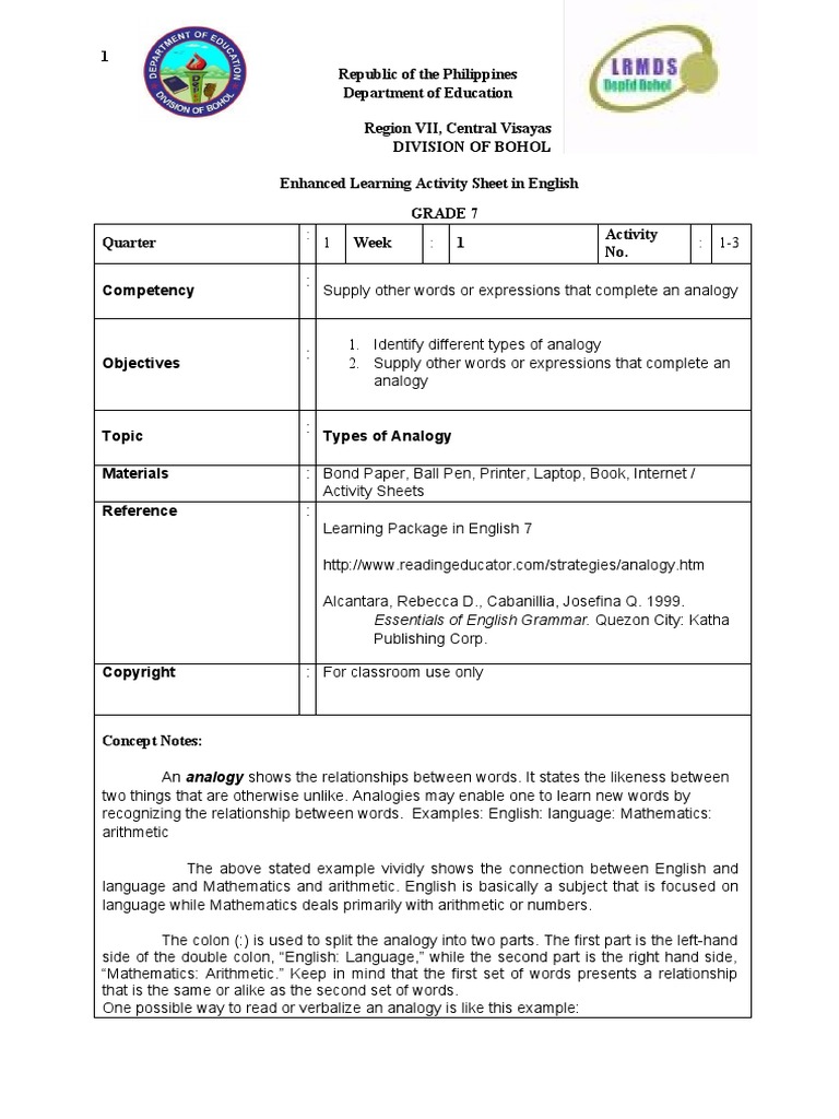 ENHANCED ENGLISH7 - Q1 - LAS - Wk1 | PDF | Analogy | English Language ENHANCED ENGLISH7 - Q1 - LAS - Wk1 | PDF | Analogy | English Language