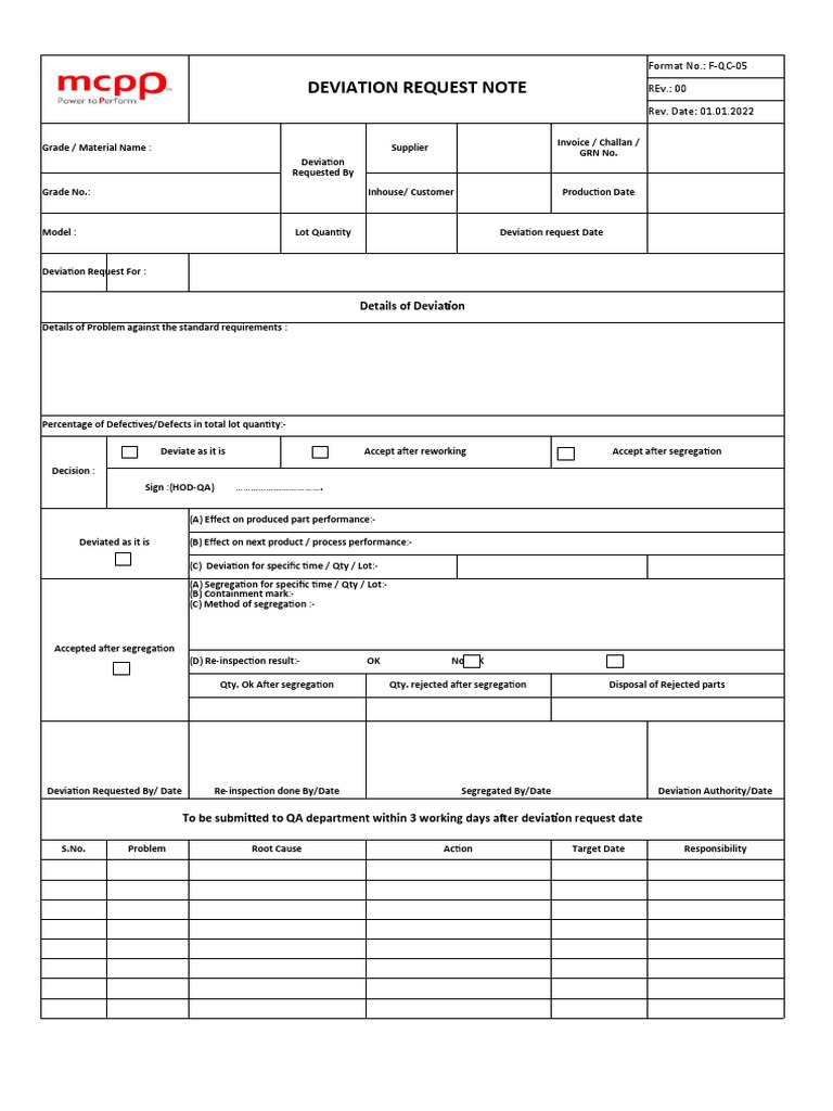 F-QC-05 Deviation Note | PDF