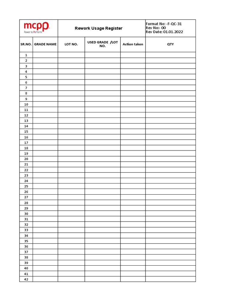 Rework Usage Register Template | PDF