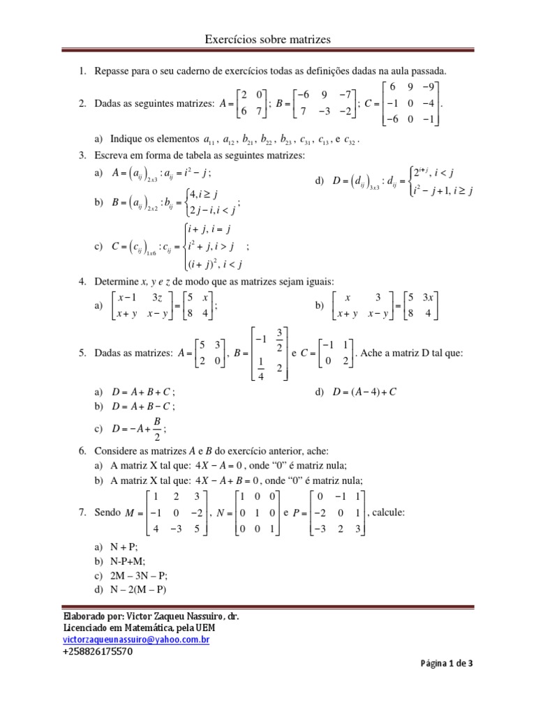 Ficha 1-Exercícios Sobre Matrizes 2014 | PDF | Matriz (Matemática ...