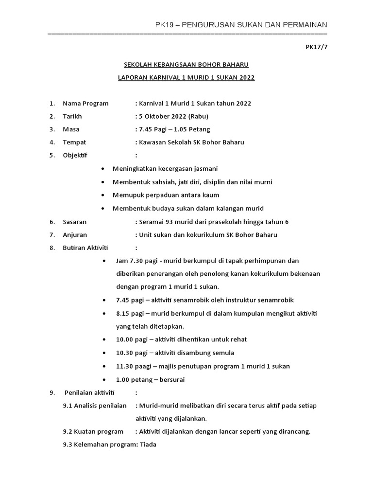 laporan 1 murid 1 sukan | PDF