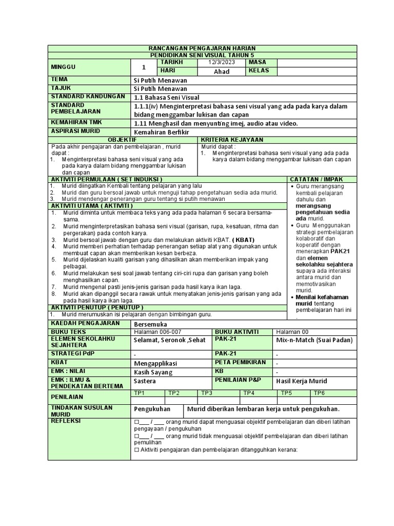 RPH Minggu 1 PSV THN 5 2023 by Cikgu Gorgeous | PDF