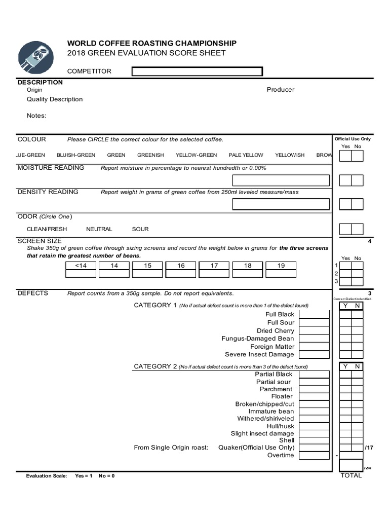 2018 Green Evaluation Score Sheet: World Coffee Roasting Championship ...