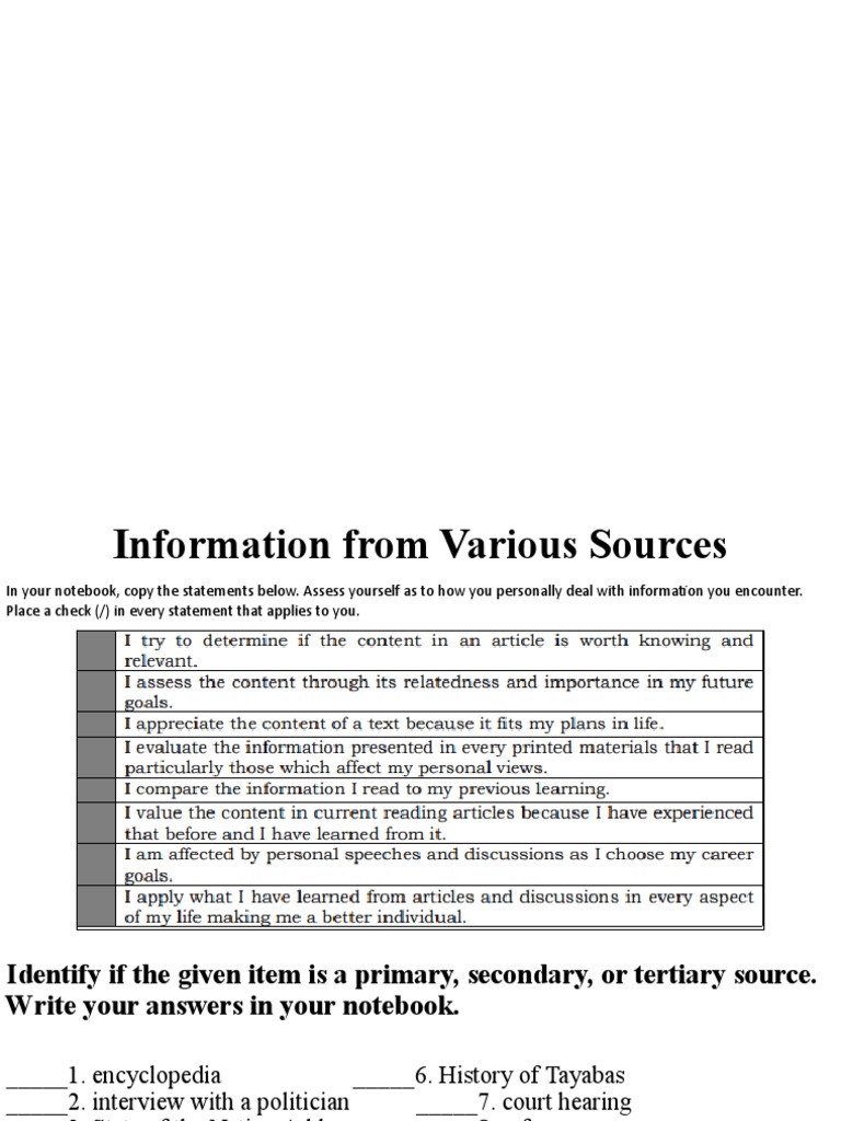 ENGLISH 10 - LESSON 1 Information-from-Various-Sources | PDF | Primary ...