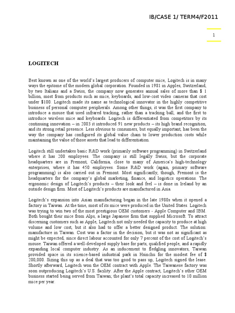 Logitech: IB/CASE 1/ TERM4/F2011 | PDF | Intel | Personal Computers