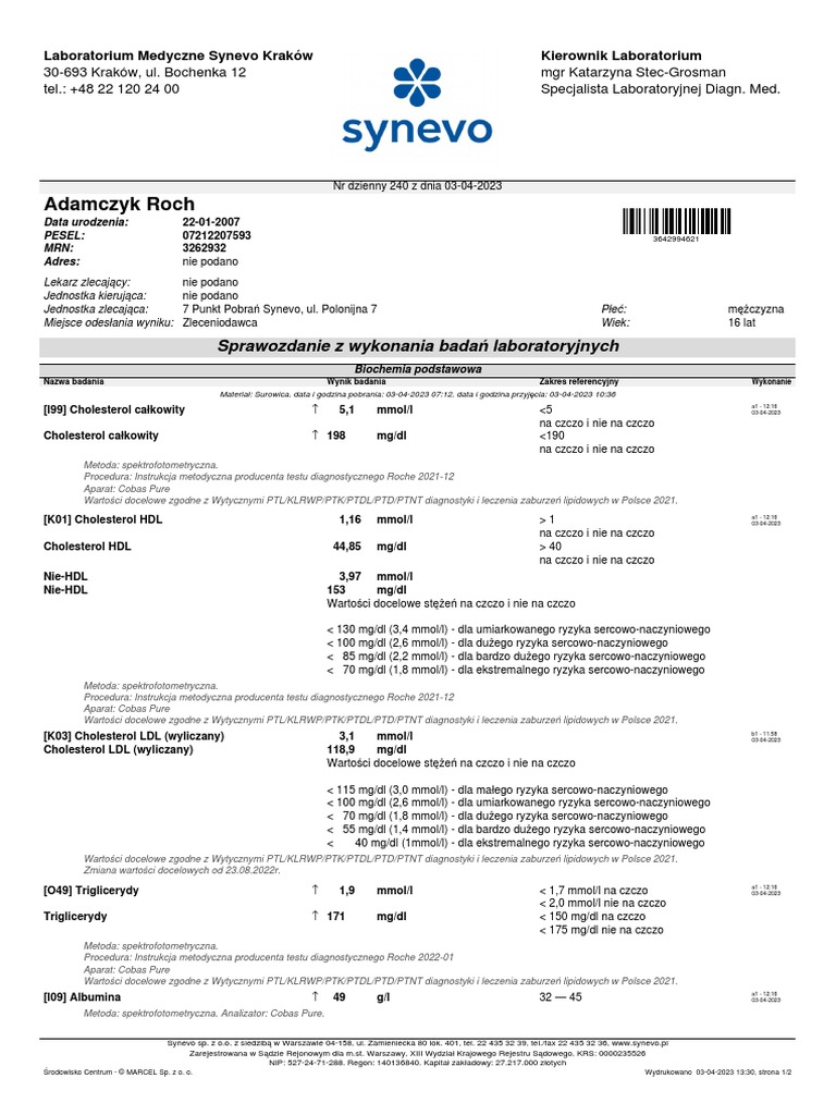 Adamczyk Roch: Sprawozdanie Z Wykonania Badań Laboratoryjnych | PDF