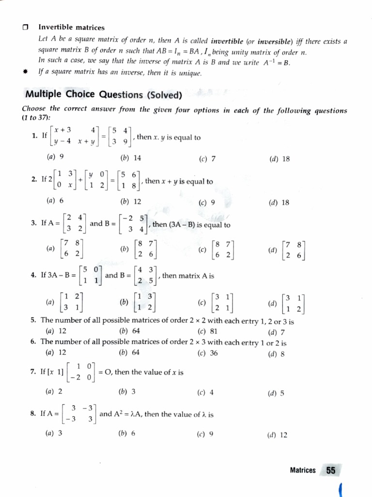 Multiple Choice Questions (Solved) : Unique | PDF | Matrix (Mathematics) | Mathematical Concepts