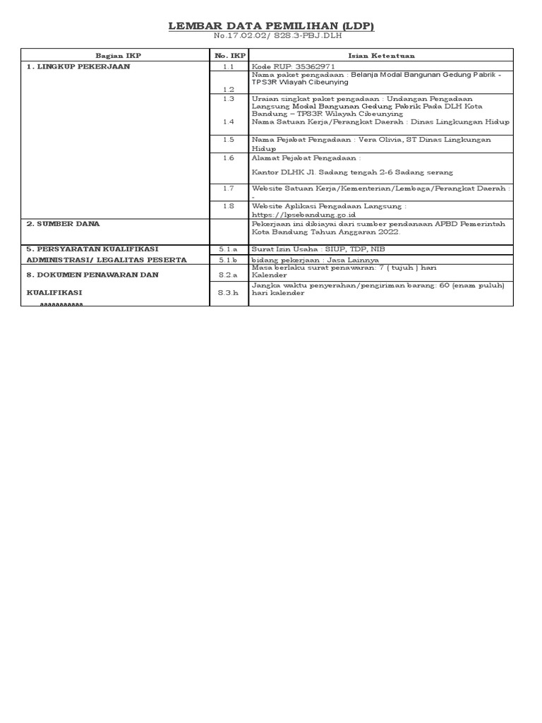 Lembar Data Pemilihan (LDP) : No.17.02.02/ 828.3-PBJ - DLH | PDF