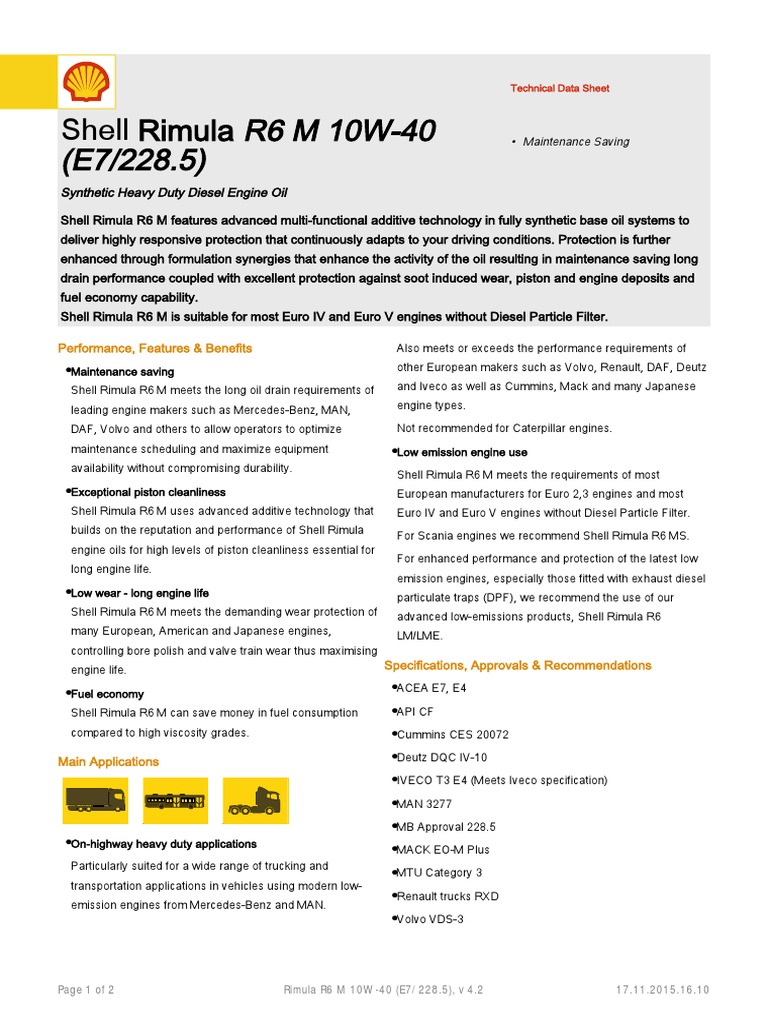 Shell Rimula R6 M 10W-40 Overview | PDF | Motor Oil