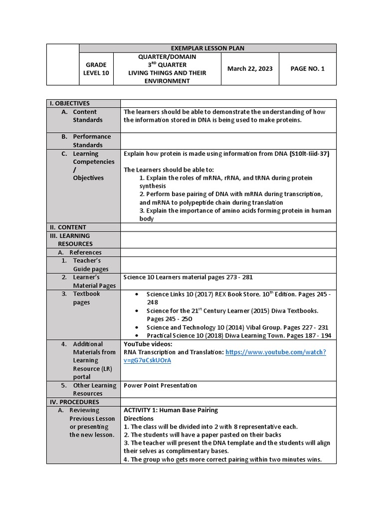 Protein Synthesis Lesson Plan | PDF | Translation (Biology) | Rna