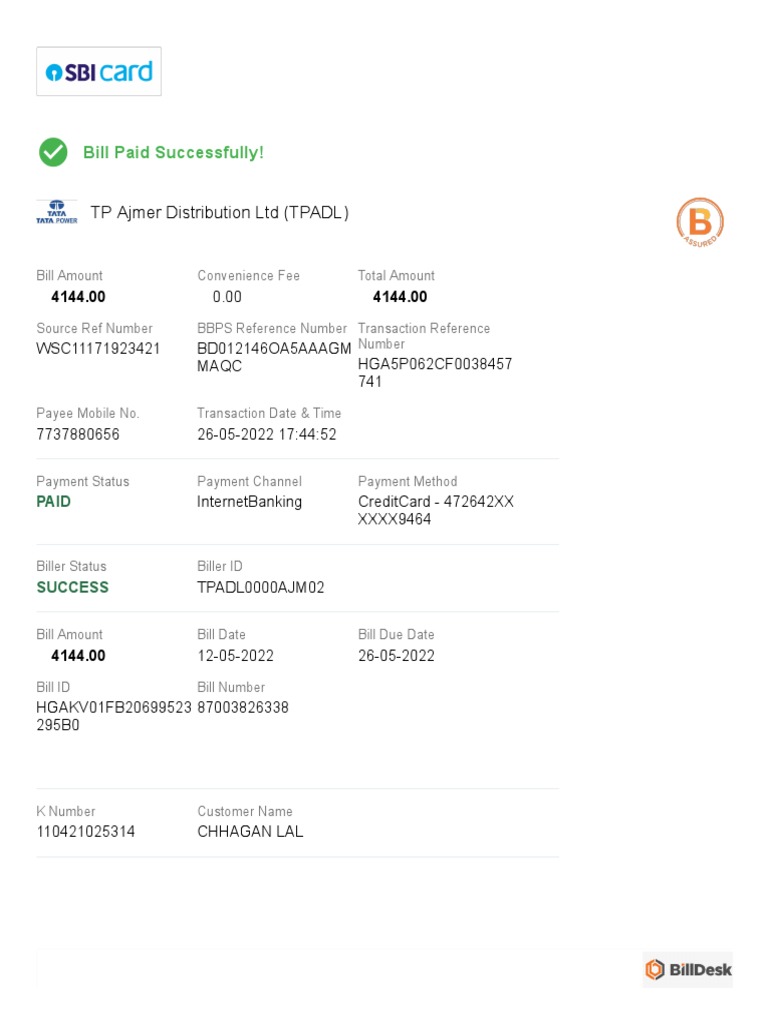 Bill Paid Successfully - TPADL | PDF