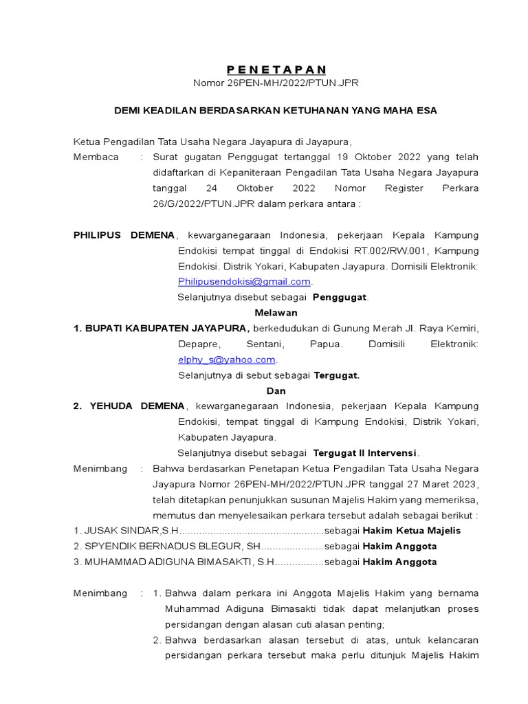 Penetapan - MH - Kembali Kedua - 26 - G - 2022 - PTUN - JPR | PDF