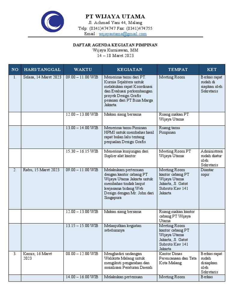 Daftar Agenda Pimpinan | PDF