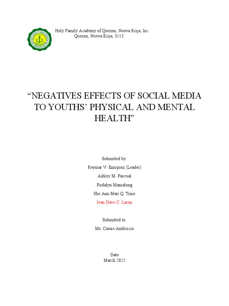 Negatives Effects of Social Media To Youths' Physical and Mental Health ...