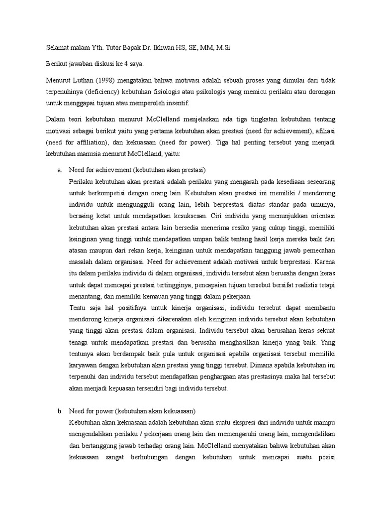 TEORI MOTIVASI MENURUT Mc CLELLAND DAN KEBUTUHAN DASAR MANUSIA | PDF