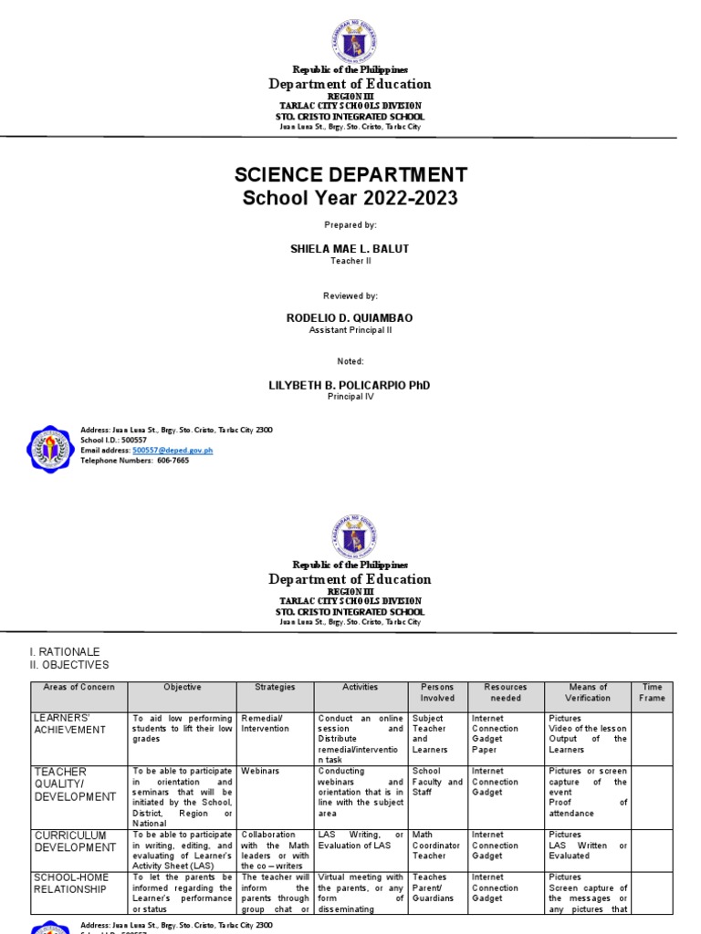Sto. Cristo School Year Plan 2022-2023 | PDF | Learning | Communication