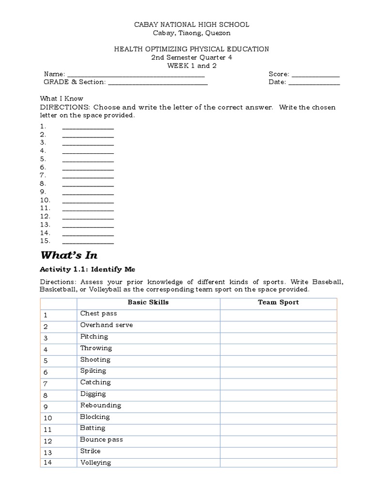 Answer Sheet q4 Week 1-8 | PDF | Volleyball | Association Football