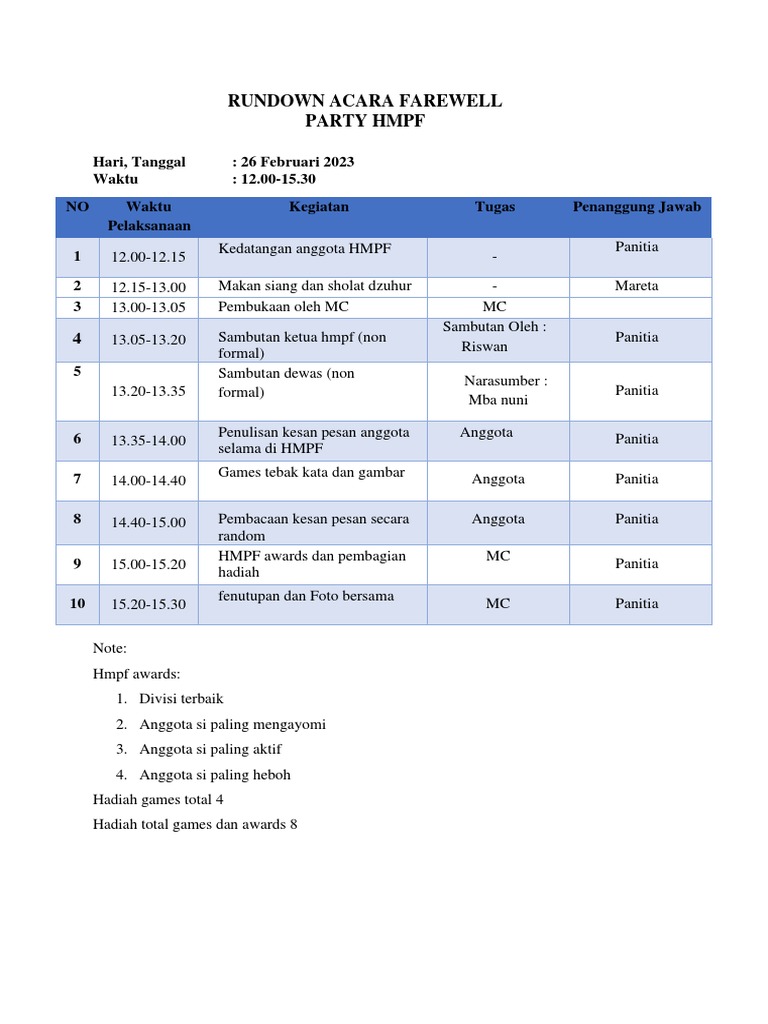 Rundown Acara Farewell Party HMPF | PDF