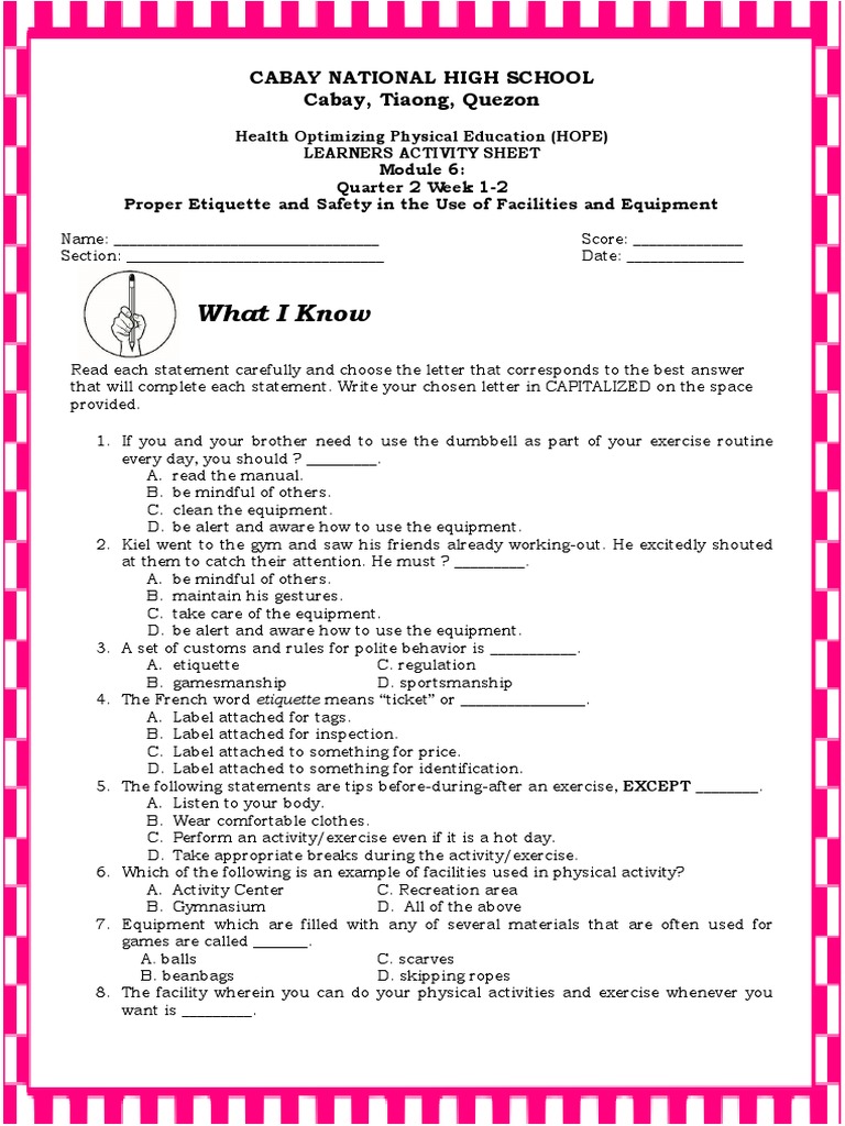 PE Q2 Answer Sheet Week 1 | PDF | Gym