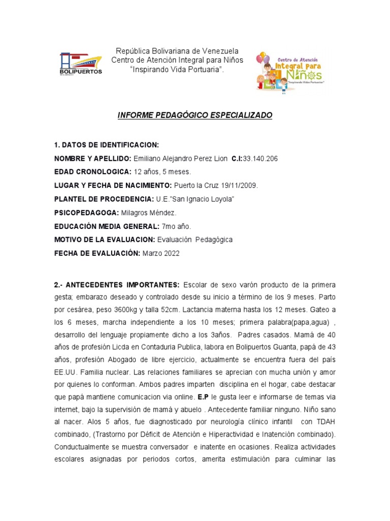 Informe Pedagogica Especializadoode Emiliano Perez | PDF | Desorden hiperactivo y deficit de ...
