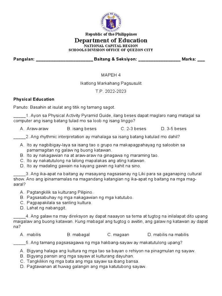 Physical Education - 3RD Quarter Exam | PDF