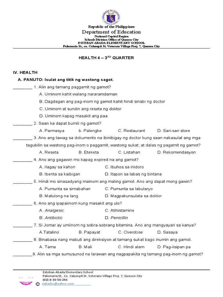 Grade 4 Health Exam | PDF
