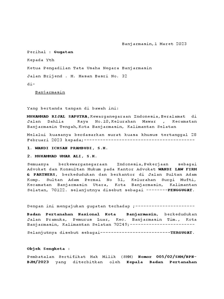 SURAT GUGATAN Ptun Rijal | PDF