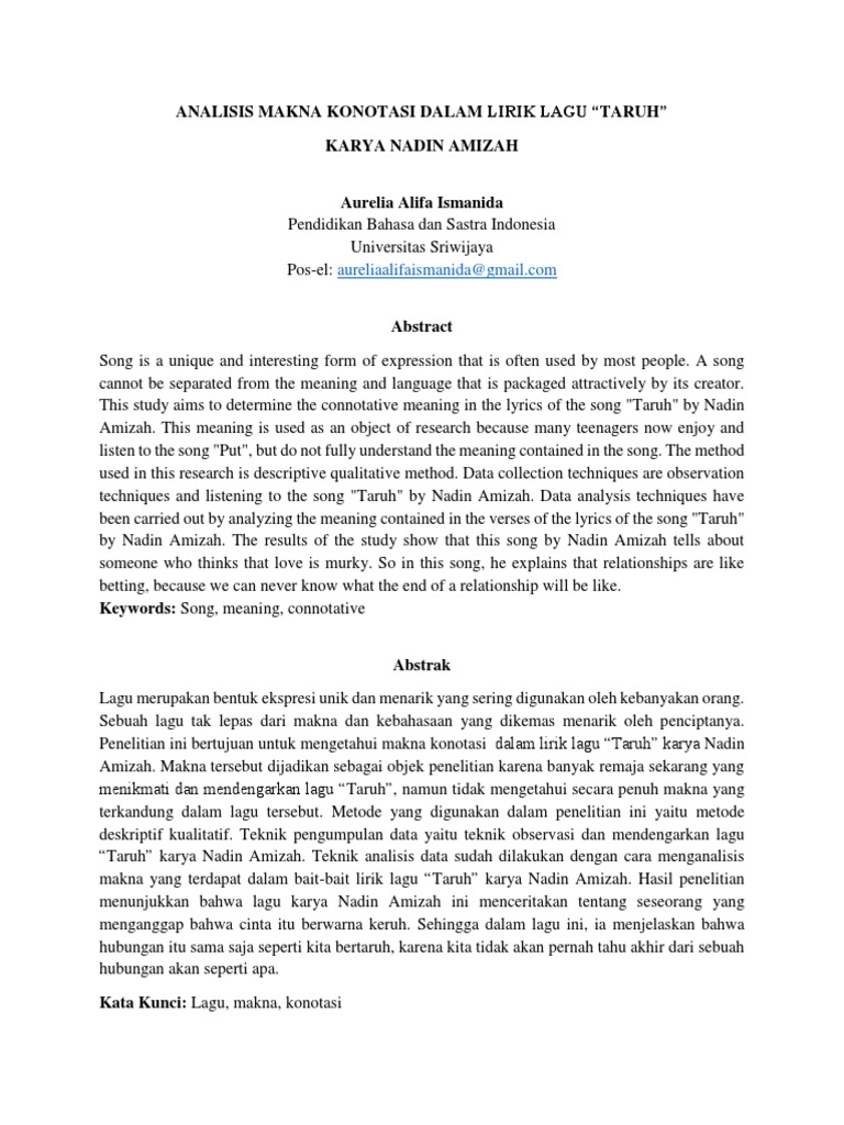 Analisis Makna Konotasi Dalam Lirik Lagu "Taruh" Karya Nadin Amizah | PDF