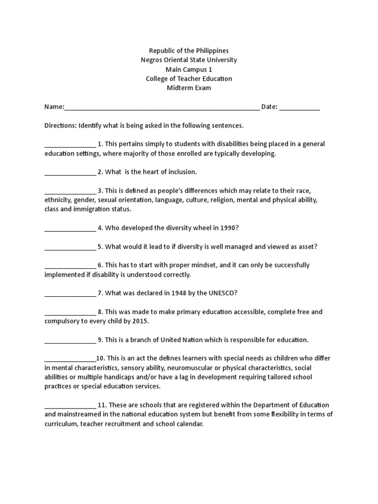 Midterm Exam: Inclusive Education Concepts | PDF | Inclusion (Education ...