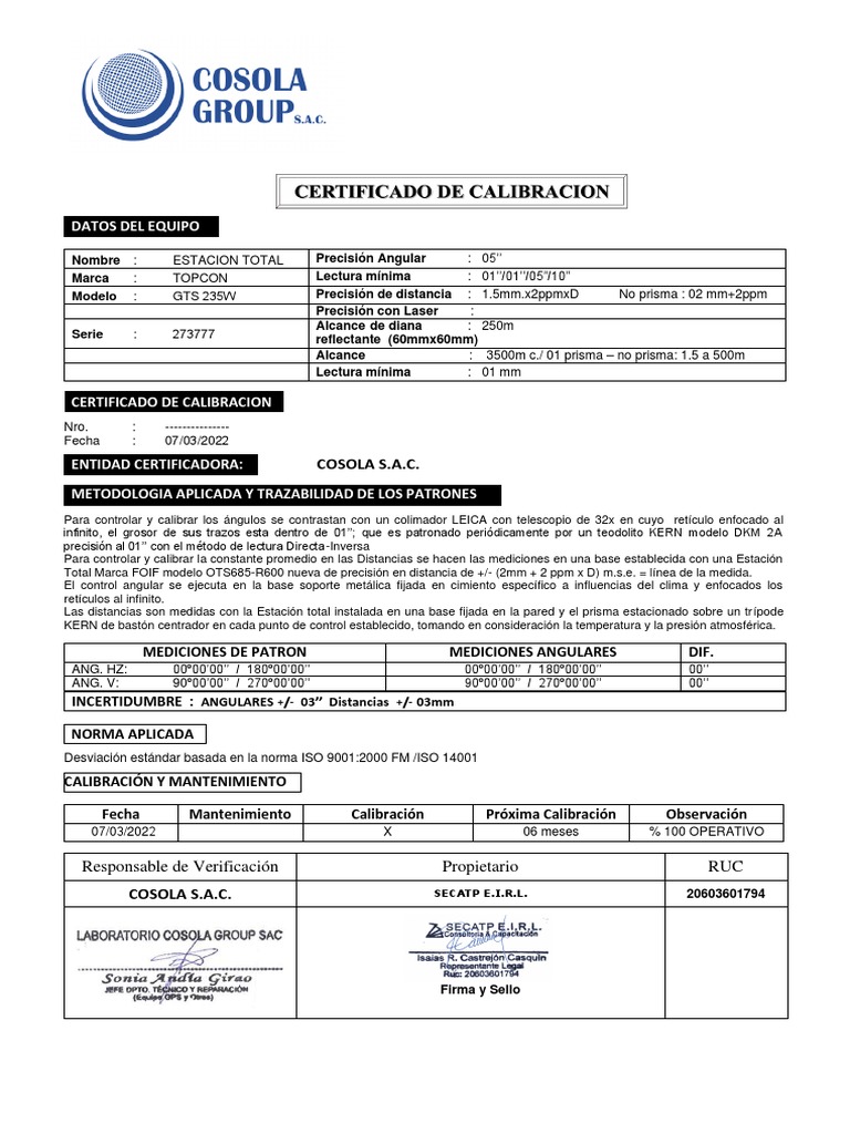 Cert. de Calibracion Topcon Estacion | PDF | Calibración | Física Aplicada e Interdisciplinaria