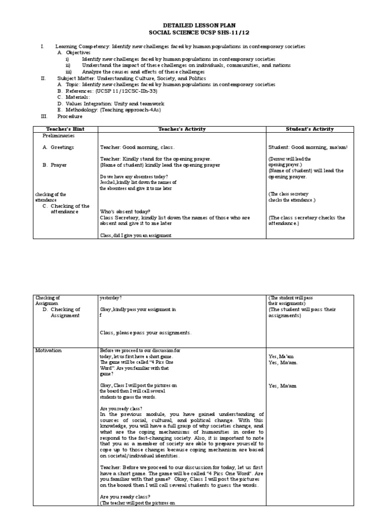 Detailed Lesson Plan Social Science Ucsp Shs-11/12: Teacher's Hint ...