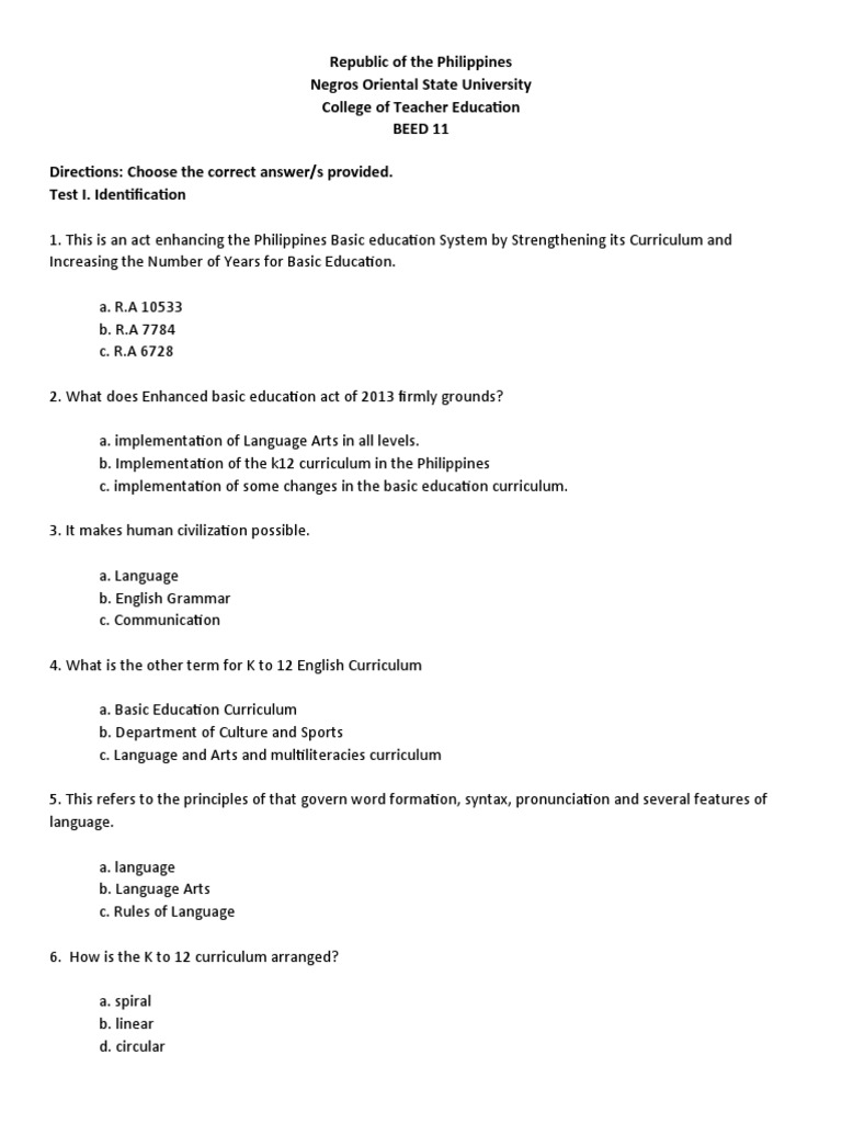 50 Item Test Questions BEED 11 PDF Learning Educational Assessment