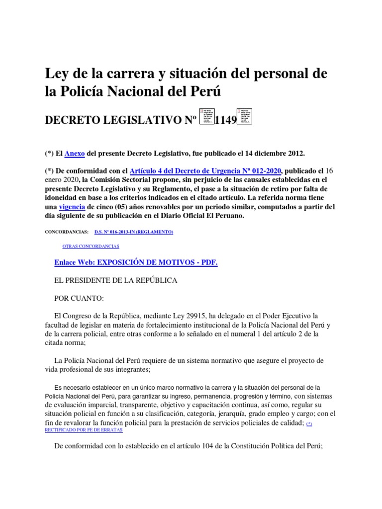 Decreto Legislativo 1149 Ley De La Carrera Y Situación Del Personal