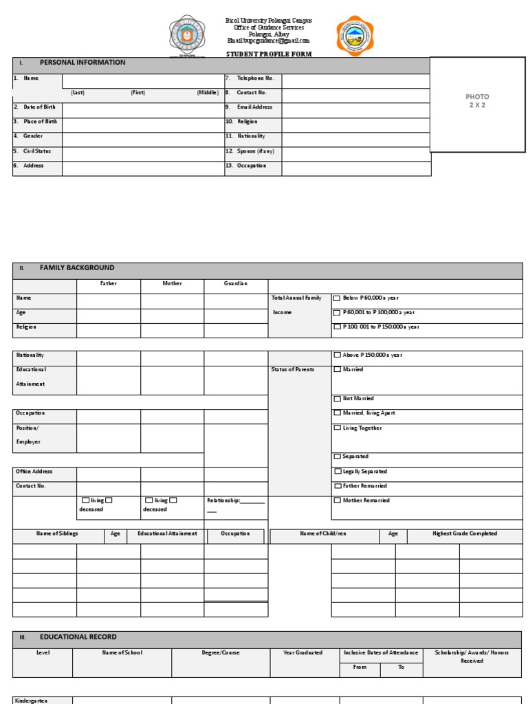 Student Profile Form | PDF | Family | Schools