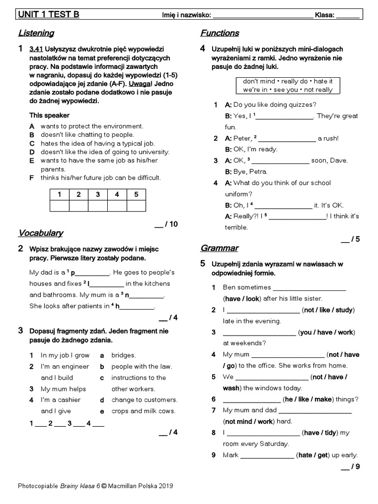 Brainy kl6 Unit Test 1 B | PDF