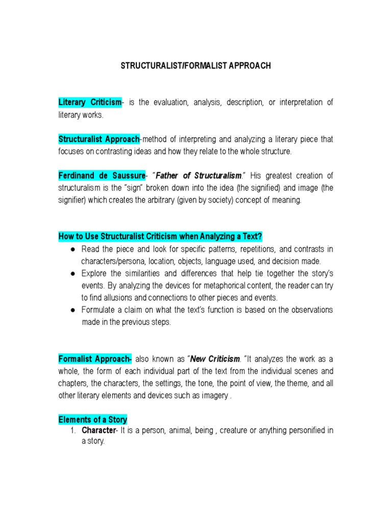 Structuralist - Formalist Approach Handout | PDF | Narration | Human Communication